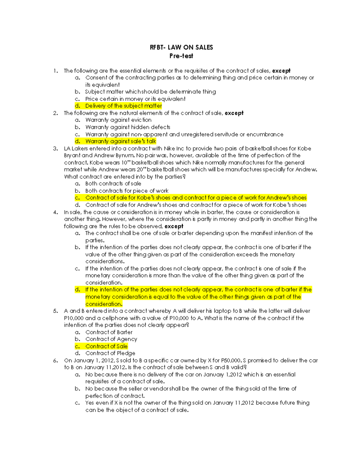 Test bank on Business Law.pdf - RFBT- LAW ON SALES Pre-test The ...