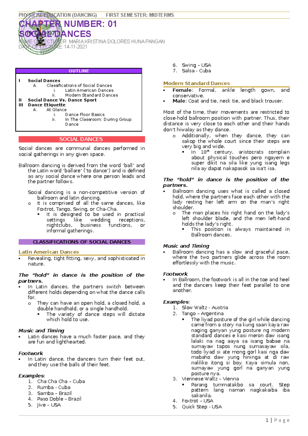 Physical Education 1 - Review notes of PE - PHYSICAL EDUCATION (DANCING ...