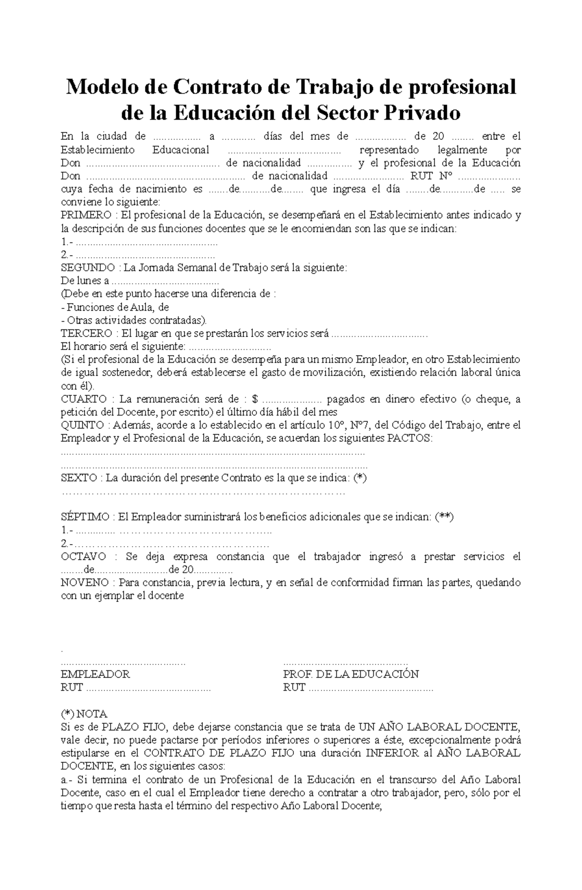 Contrato para docente Sector Privado - Modelo de Contrato de Trabajo de ...