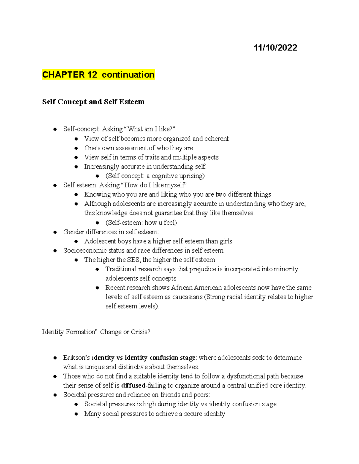 Developemtnal Psychology Chapter 12 continuation - 11/10/ CHAPTER 12 ...