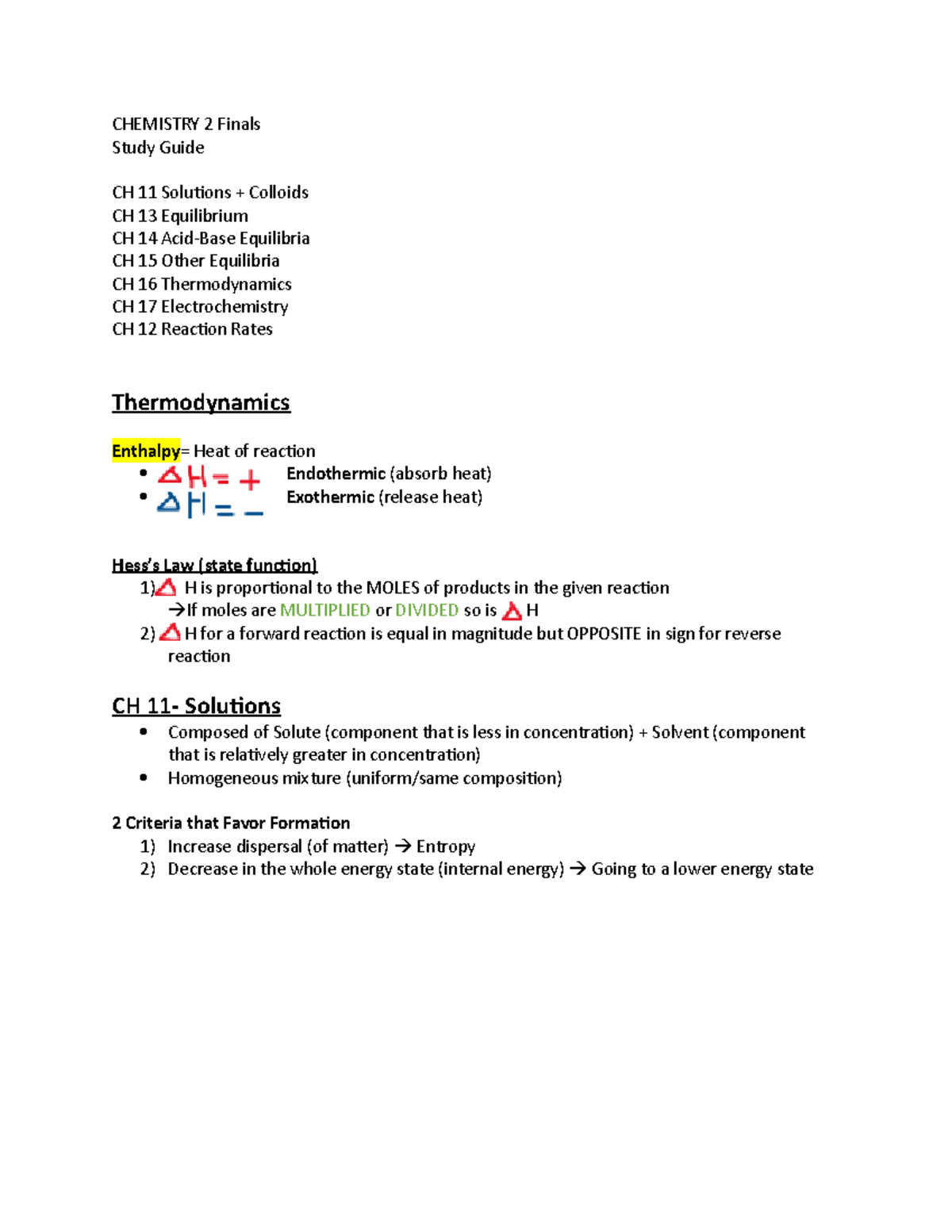 Chem 2 Study Guide - CHEMISTRY 2 Finals Study Guide CH 11 Solutions ...