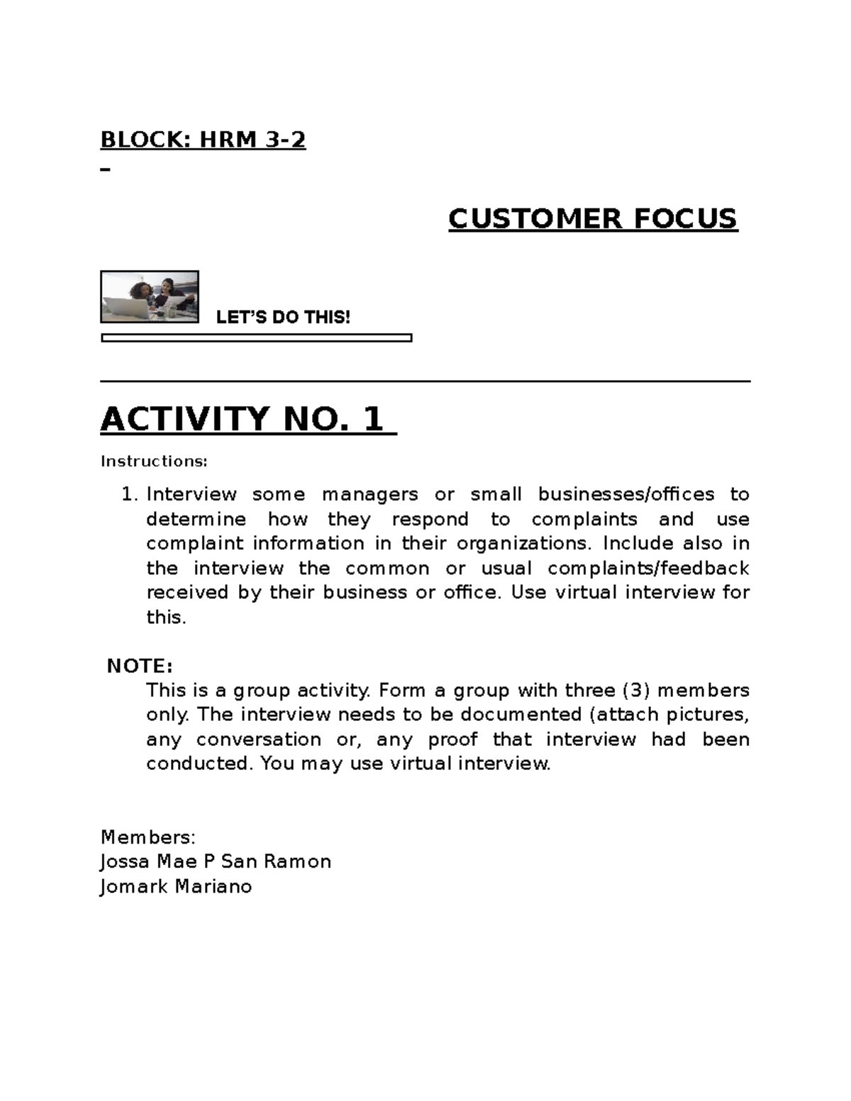 Customer - BLOCK: HRM 3- CUSTOMER FOCUS LET’S DO THIS! ACTIVITY NO. 1 ...