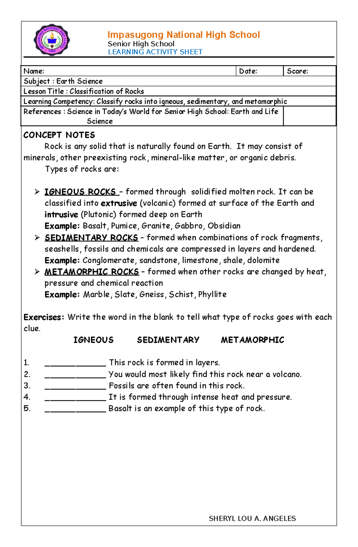 LAS No. 4 Rocks - 123456789 - Impasugong National High School Senior ...