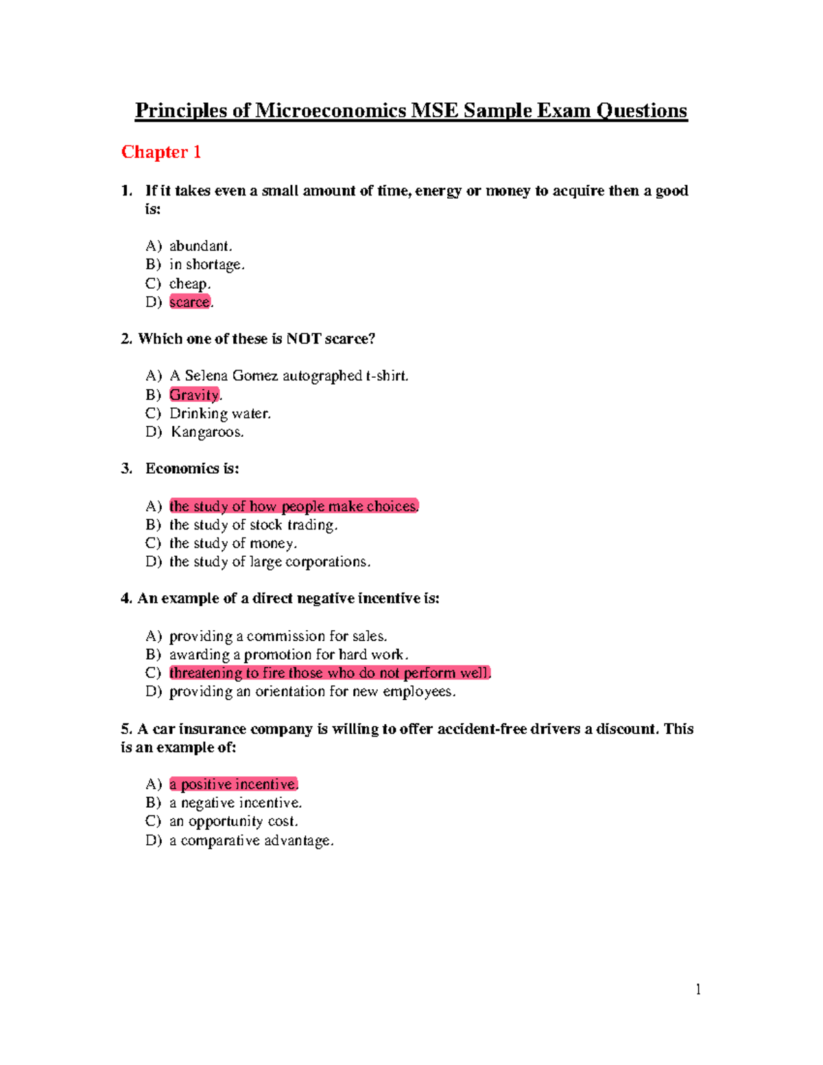 Sample/practice exam 2020, questions and answers - Principles of Microeconomics MSE Sample Exam ...