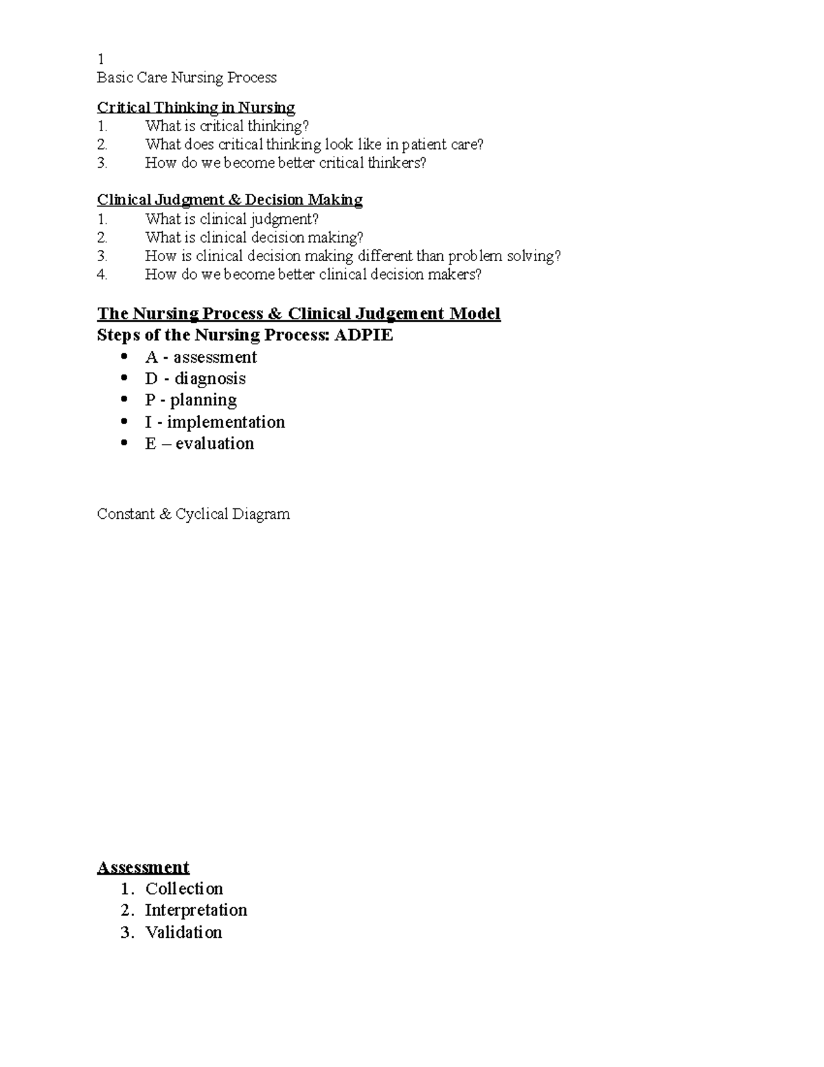 BC Nursing Process Notes - Basic Care Nursing Process Critical Thinking ...