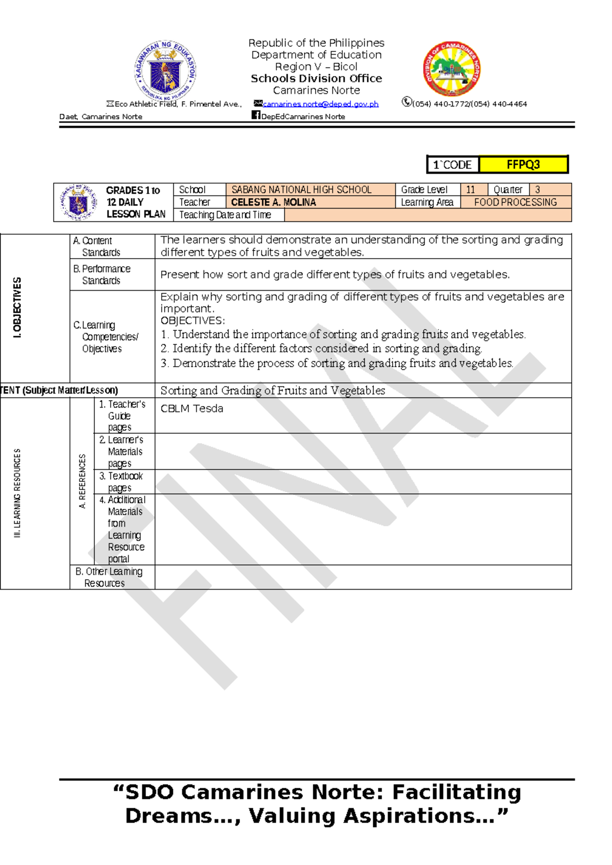 DLP for COT 2024 3rd. quarter - Department of Education Region V ...