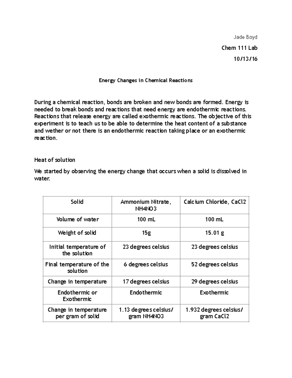 Lab 3 Energy Changes in Chemical Reactions - Energy is needed to break ...
