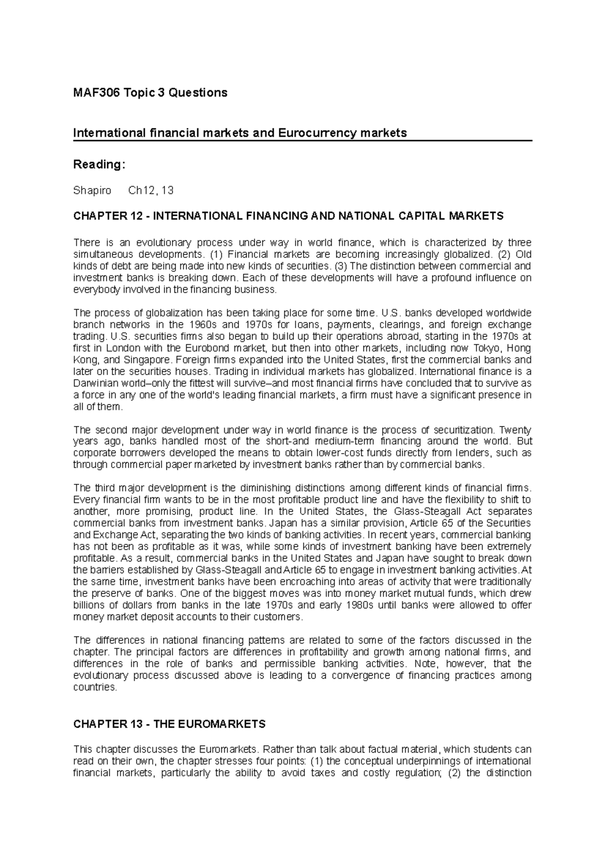 MAF306 Topic 3 Int Financial Markets Questions - MAF306 Topic 3 Questions International ...