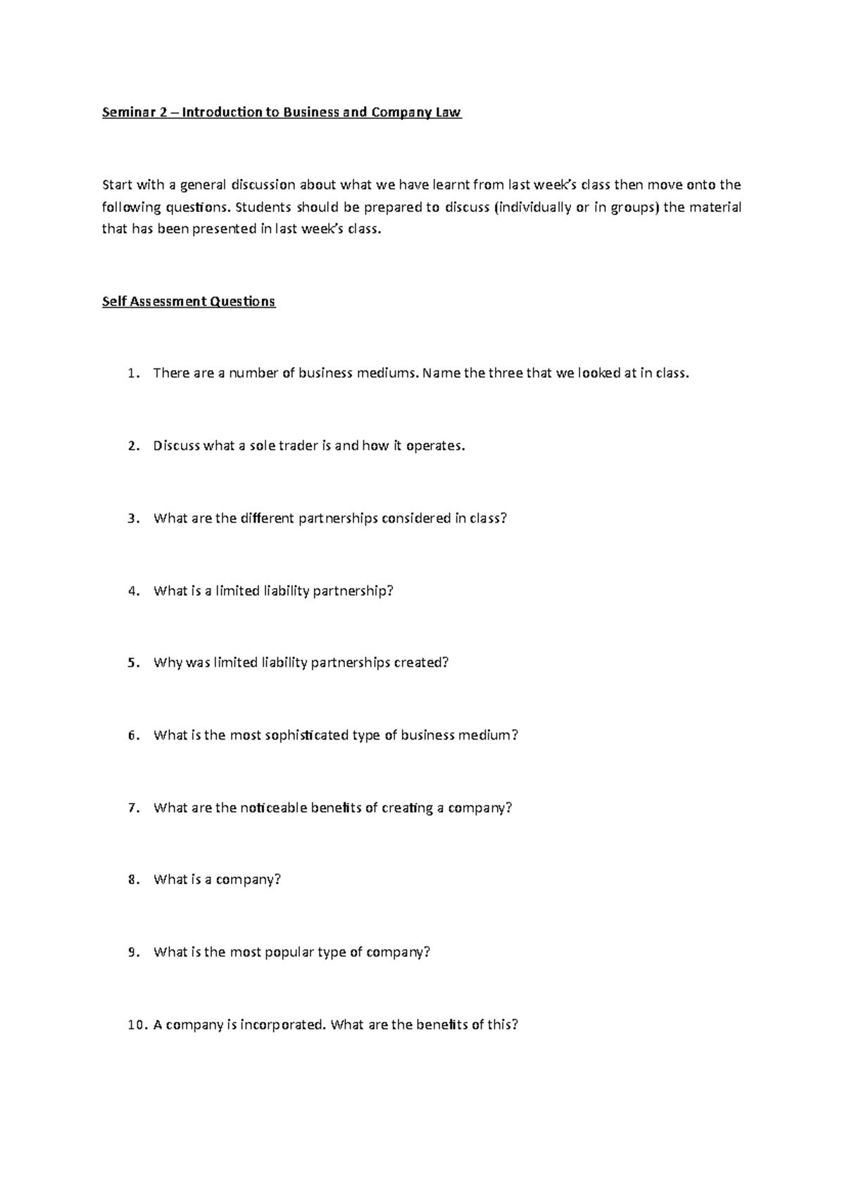 Seminar 2 Intro Business and Company law-2 - Seminar 2 – Introduction ...