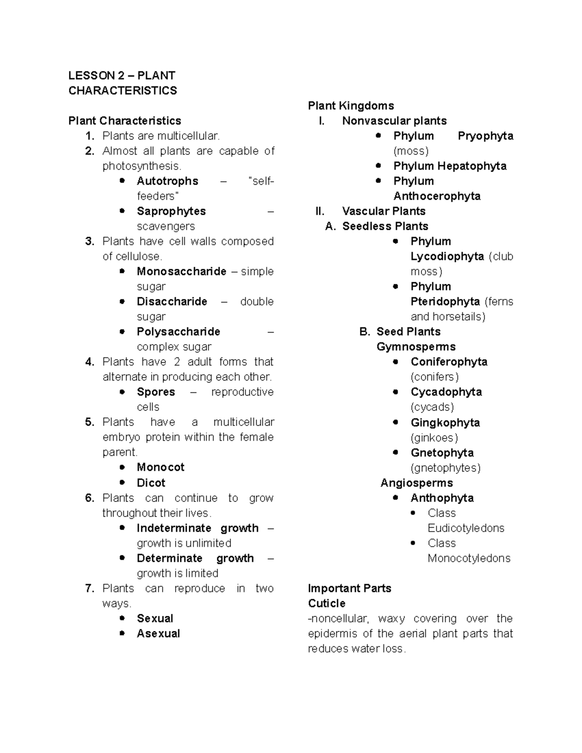 Botany - LESSON 2 – PLANT CHARACTERISTICS Plant Characteristics 1 ...