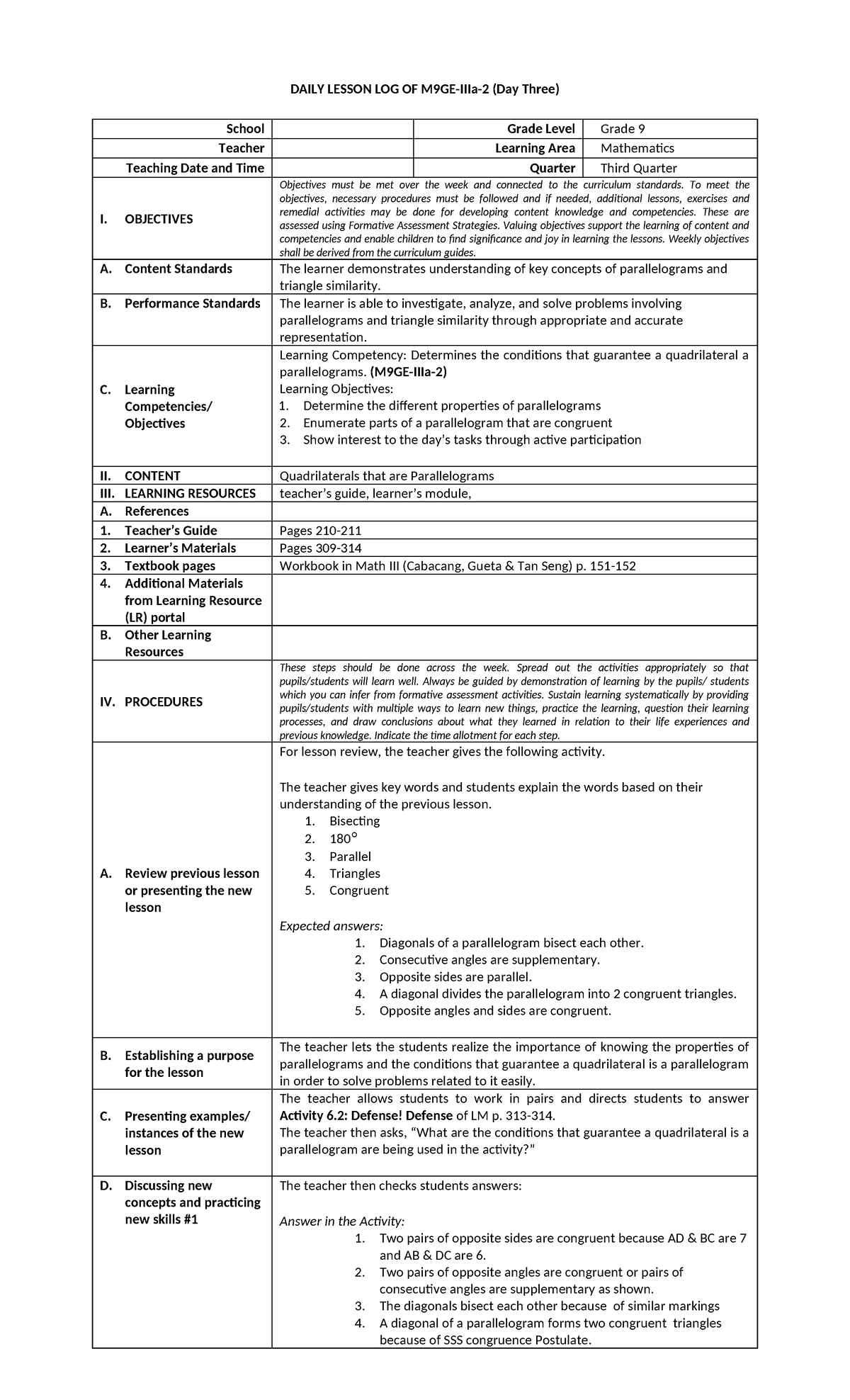MATH G9 III-Day 4 - day 4 - DAILY LESSON LOG OF M9GE-IIIa-2 (Day Three ...