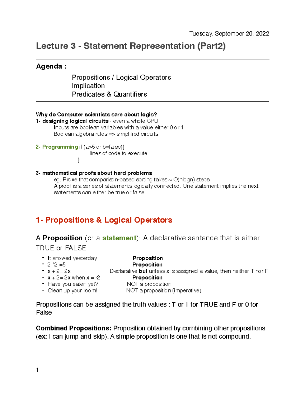 L03Logic - Lecture 3 Notes by instructor - Lecture 3 - Statement ...