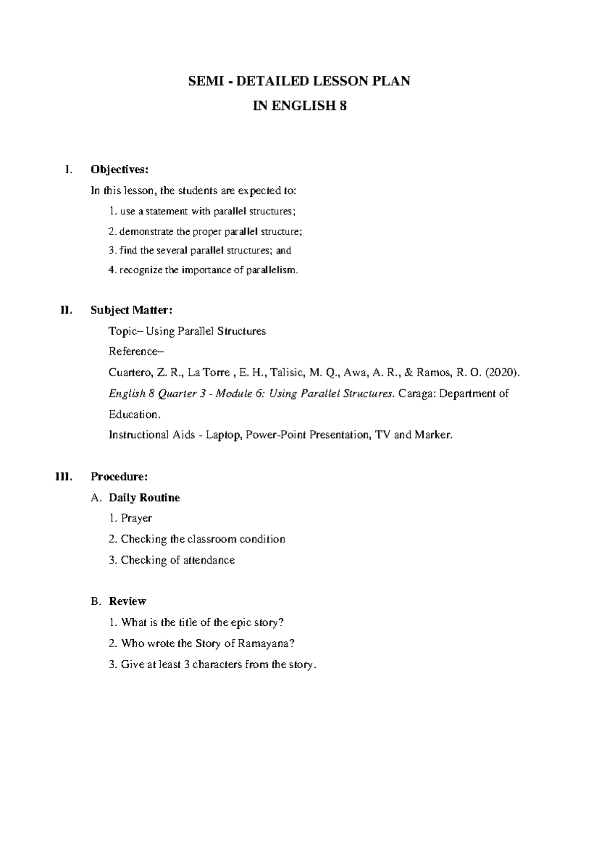 Parallel Structures Lesson Plan - SEMI - DETAILED LESSON PLAN IN ...