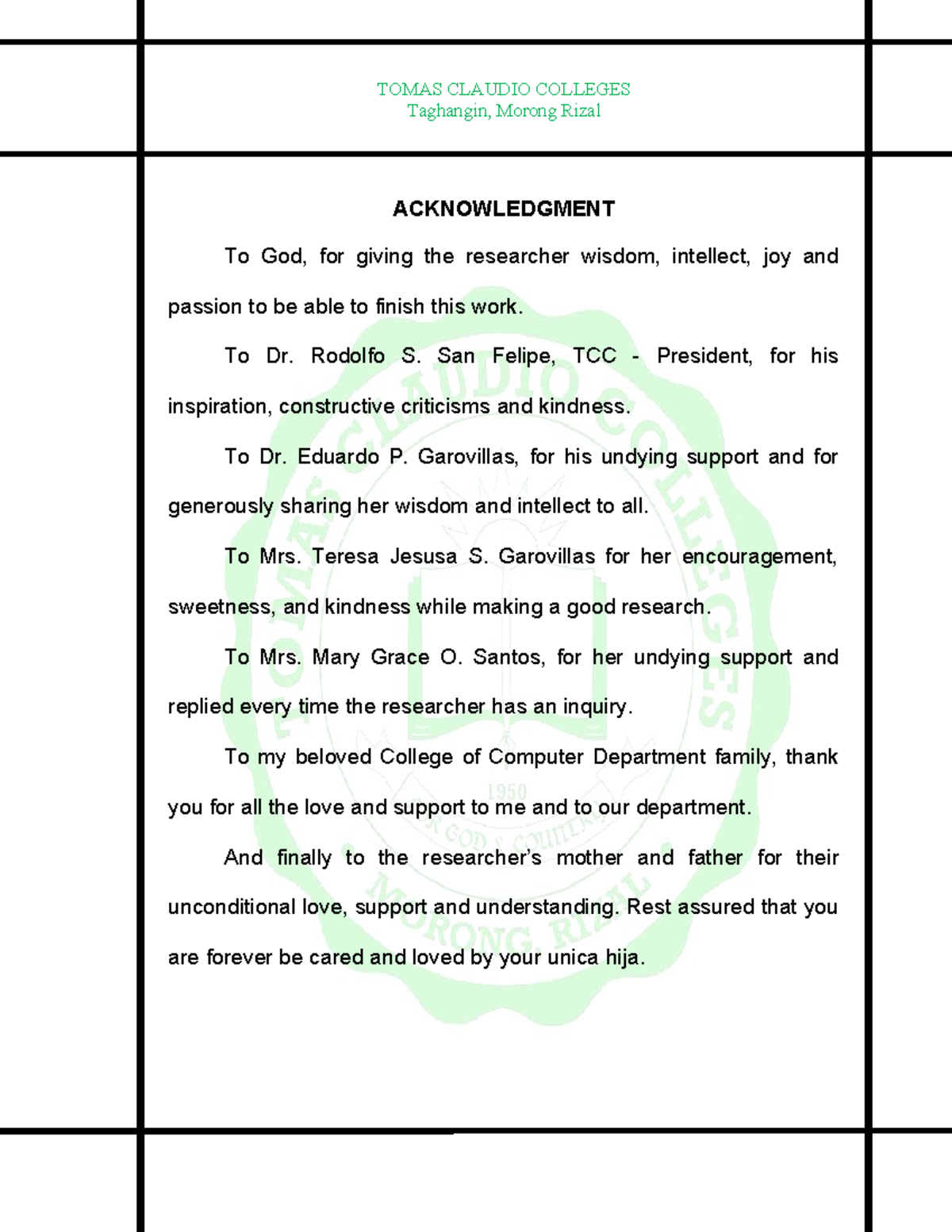 Preliminaries - 987464 - Taghangin, Morong Rizal ACKNOWLEDGMENT To God ...