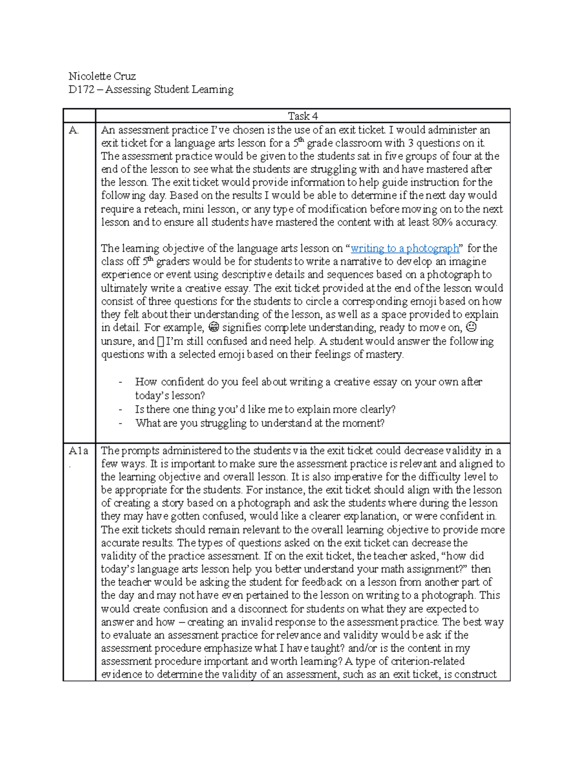 D172 KPM3 TASK 4 - Nicolette Cruz D172 – Assessing Student Learning Task 4 A. An assessment ...