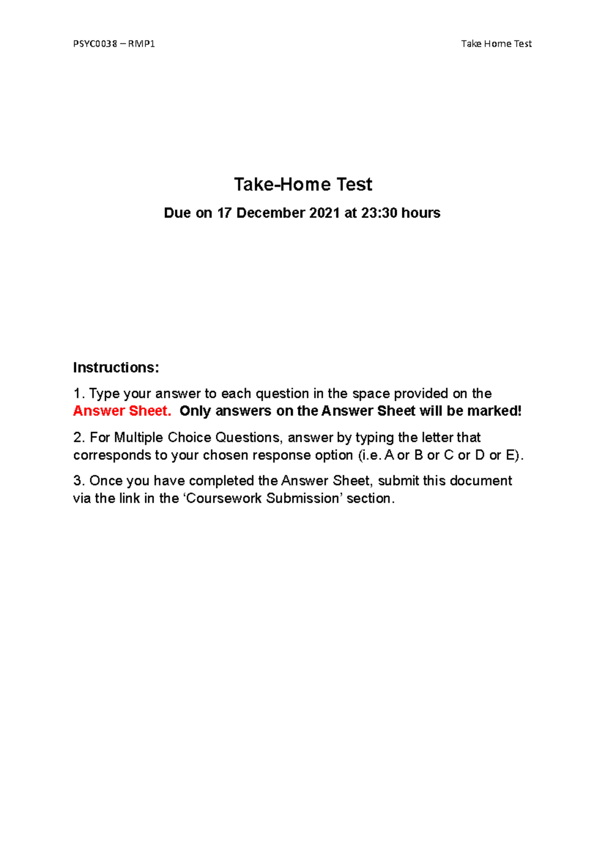 Take Home Test - Dec 2021 - Take-Home Test Due on 17 December 2021 at ...