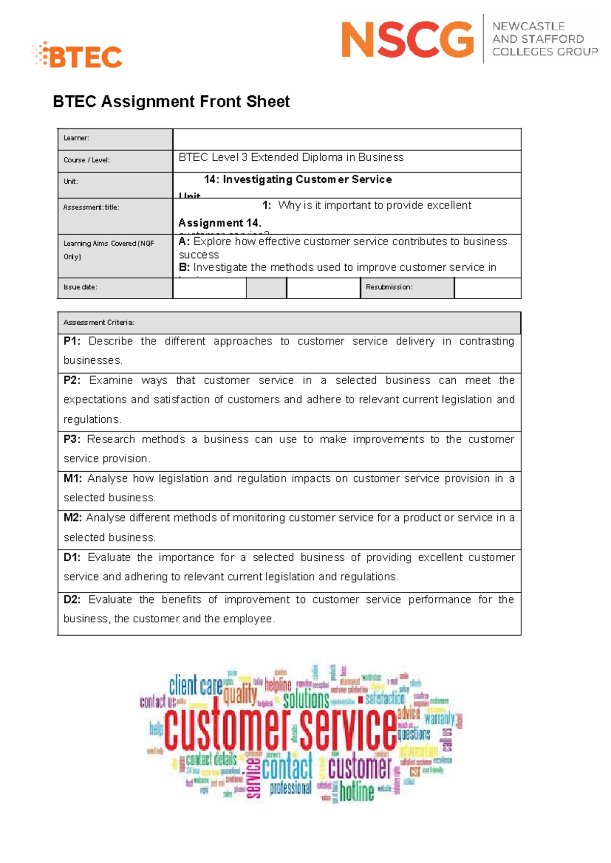 Assignment 14.1 Brief (Investigating Customer Service) (IVd) - BTEC ...