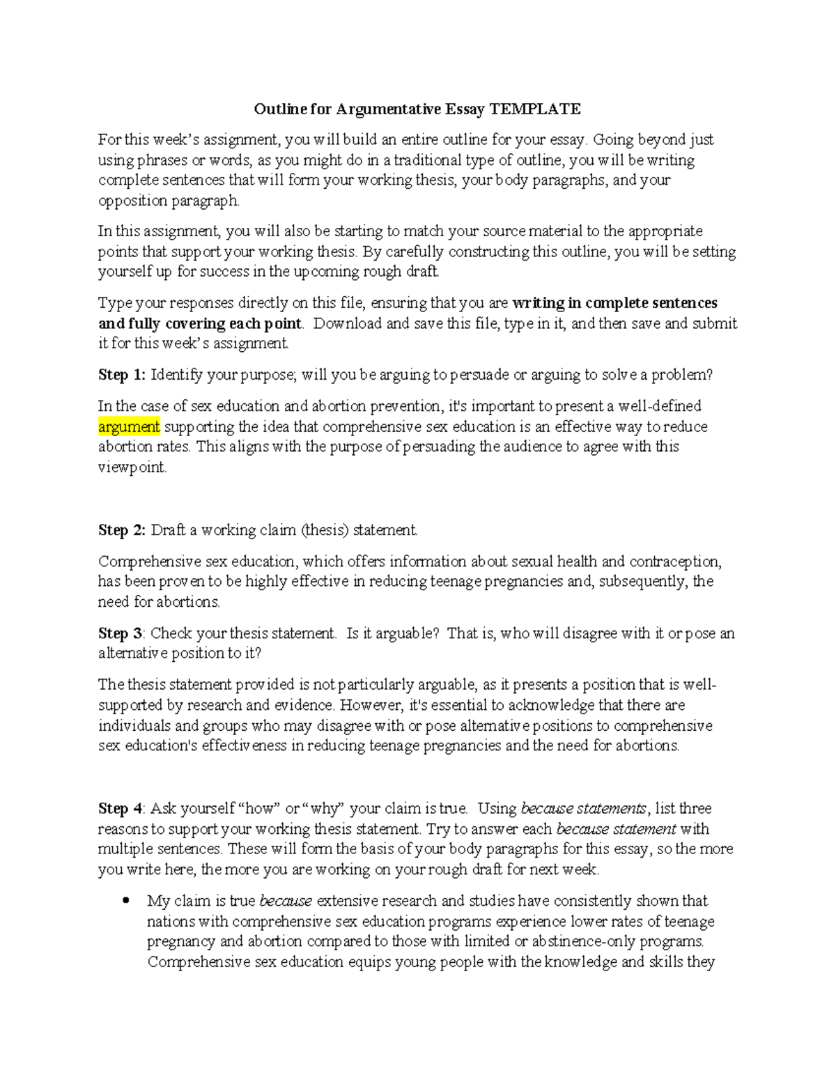 Week 7 Outline for Argumentative Essay Assignment-Jerrione Mosley ...