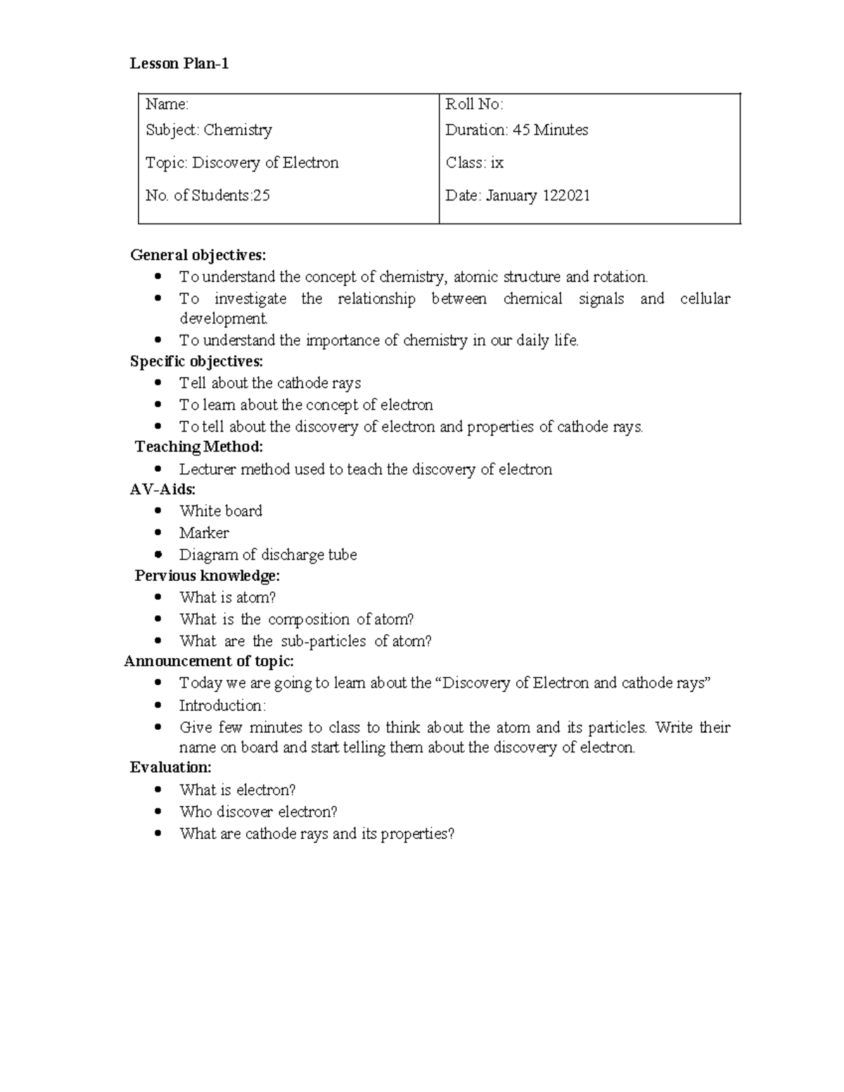 chemistry lesson plan pdf - Name: Roll No: Subject: Chemistry Duration ...