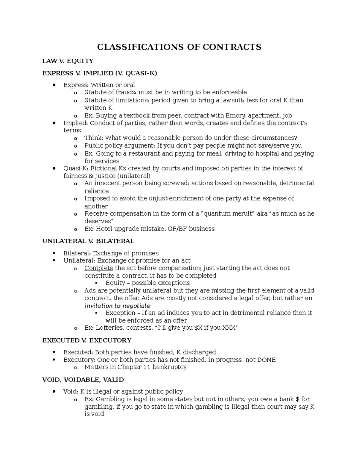 Exam 2 Study Guide - CLASSIFICATIONS OF CONTRACTS LAW V. EQUITY EXPRESS V. IMPLIED (V. QUASI-K ...
