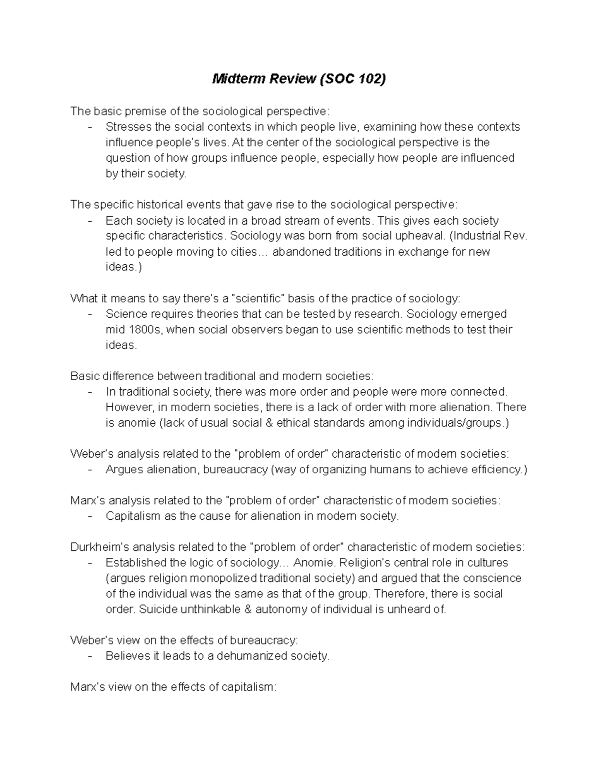 SOC 102 Midterm Review Guide - Midterm Review (SOC 102) The basic premise of the sociological ...