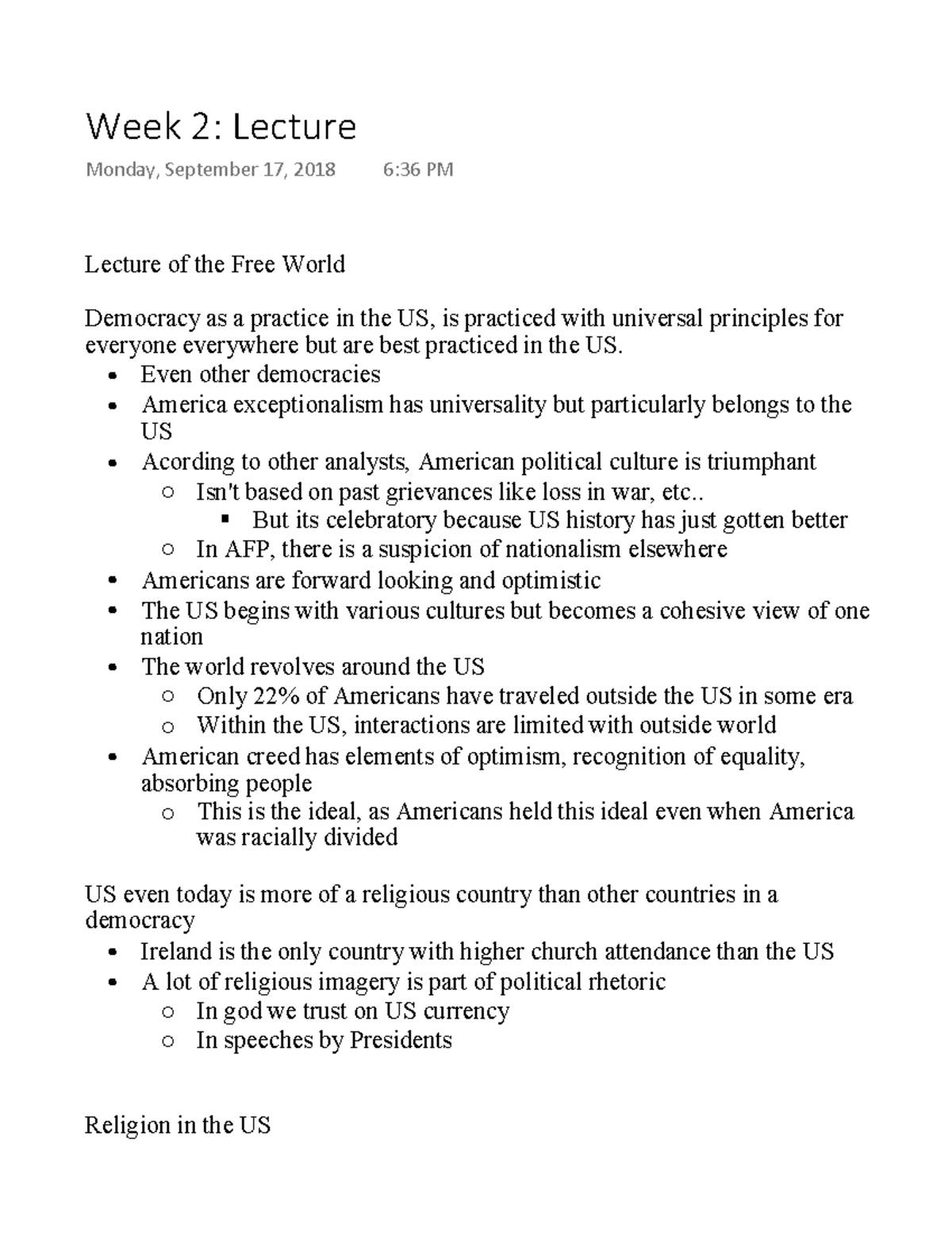 Week 2 Lecture - Week 2: Lecture Monday, September 17, 2018 6:36 PM ...