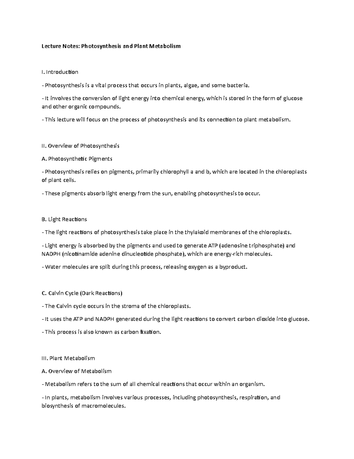 Lecture Notes: Photosynthesis and Plant Metabolism - Introduction ...
