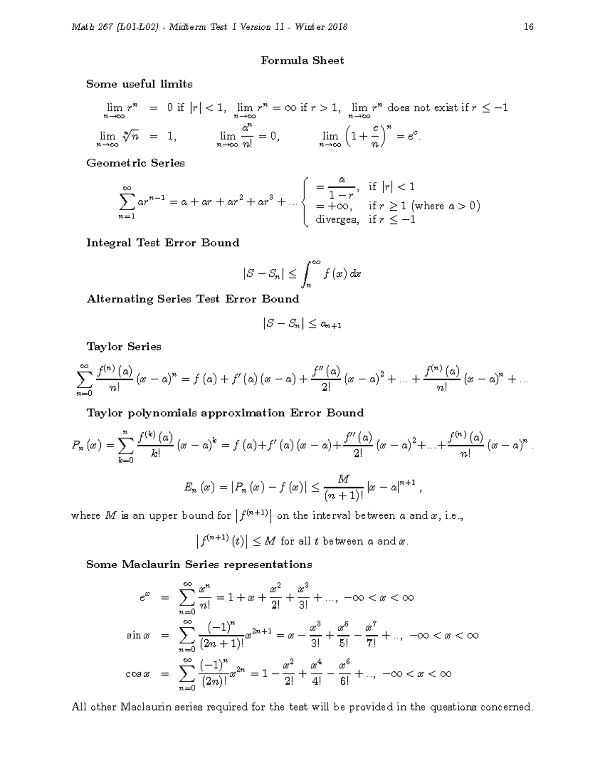 W2018 Math 267 Midterm Test 1 Formula Sheet - Math 267 (L01-L02 ...