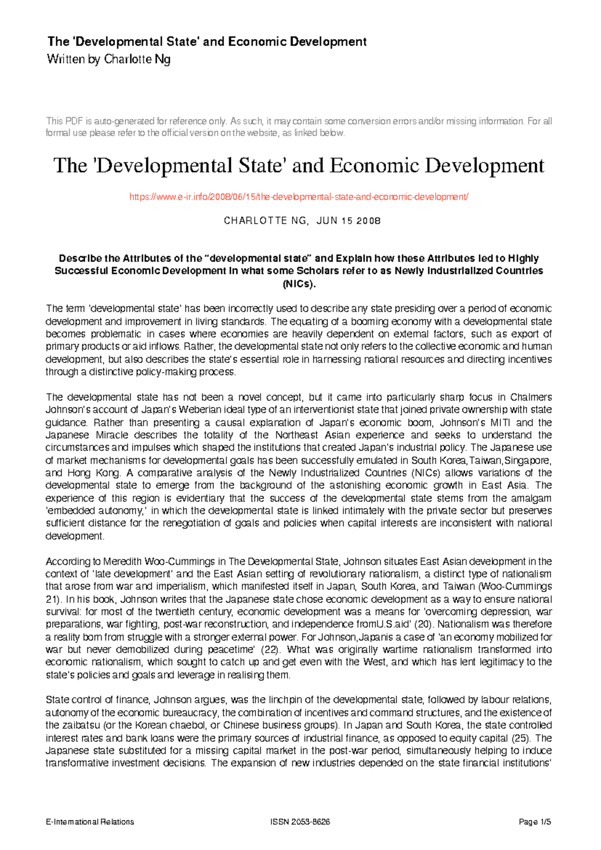 The Developmental State and Economic Development - Written by Charlotte ...