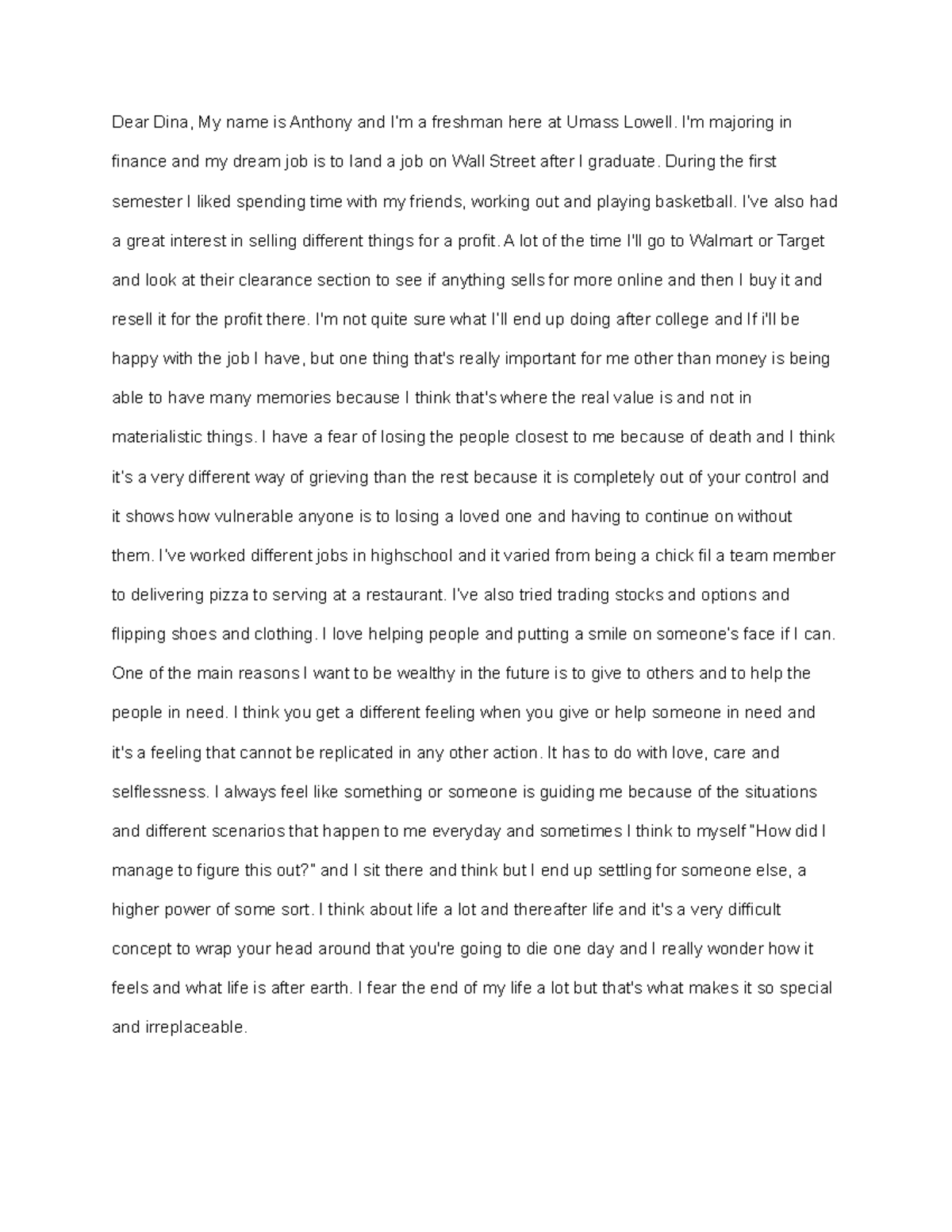 Dear Dina letter - journal - Dear Dina, My name is Anthony and I’m a ...