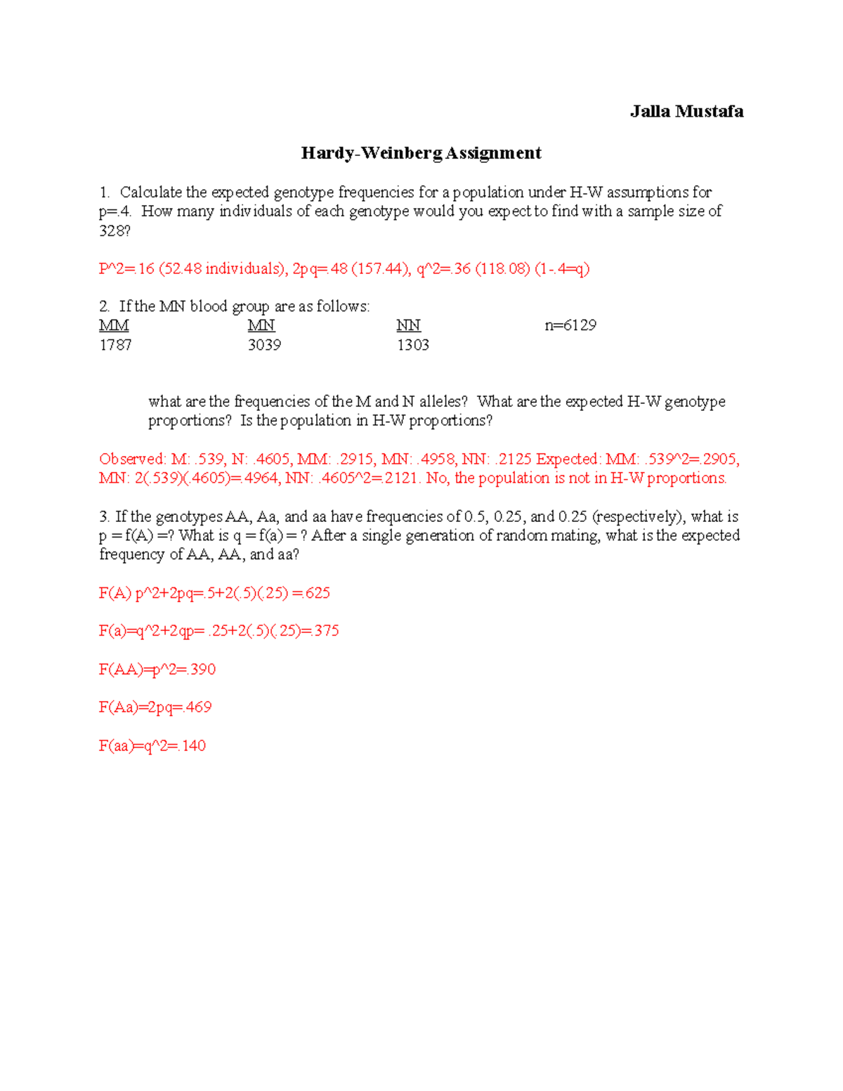 Pop gen hw - homework - Jalla Mustafa Hardy-Weinberg Assignment ...