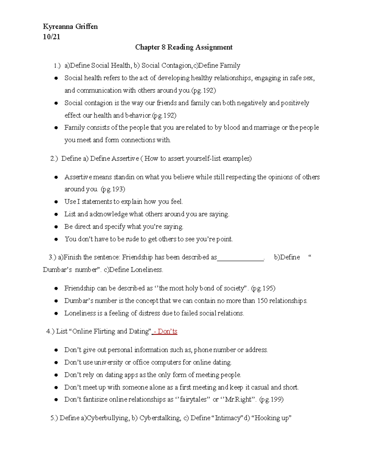 Chapter 8 Reading Assignment - 10/ Chapter 8 Reading Assignment 1.) a)Define Social Health, b ...