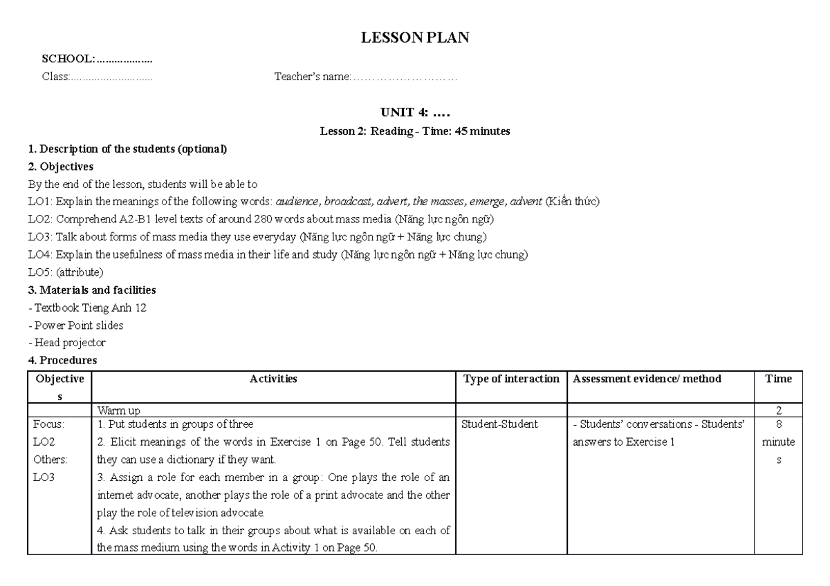 Handout 1 - Lesson plan sample - LESSON PLAN SCHOOL ...
