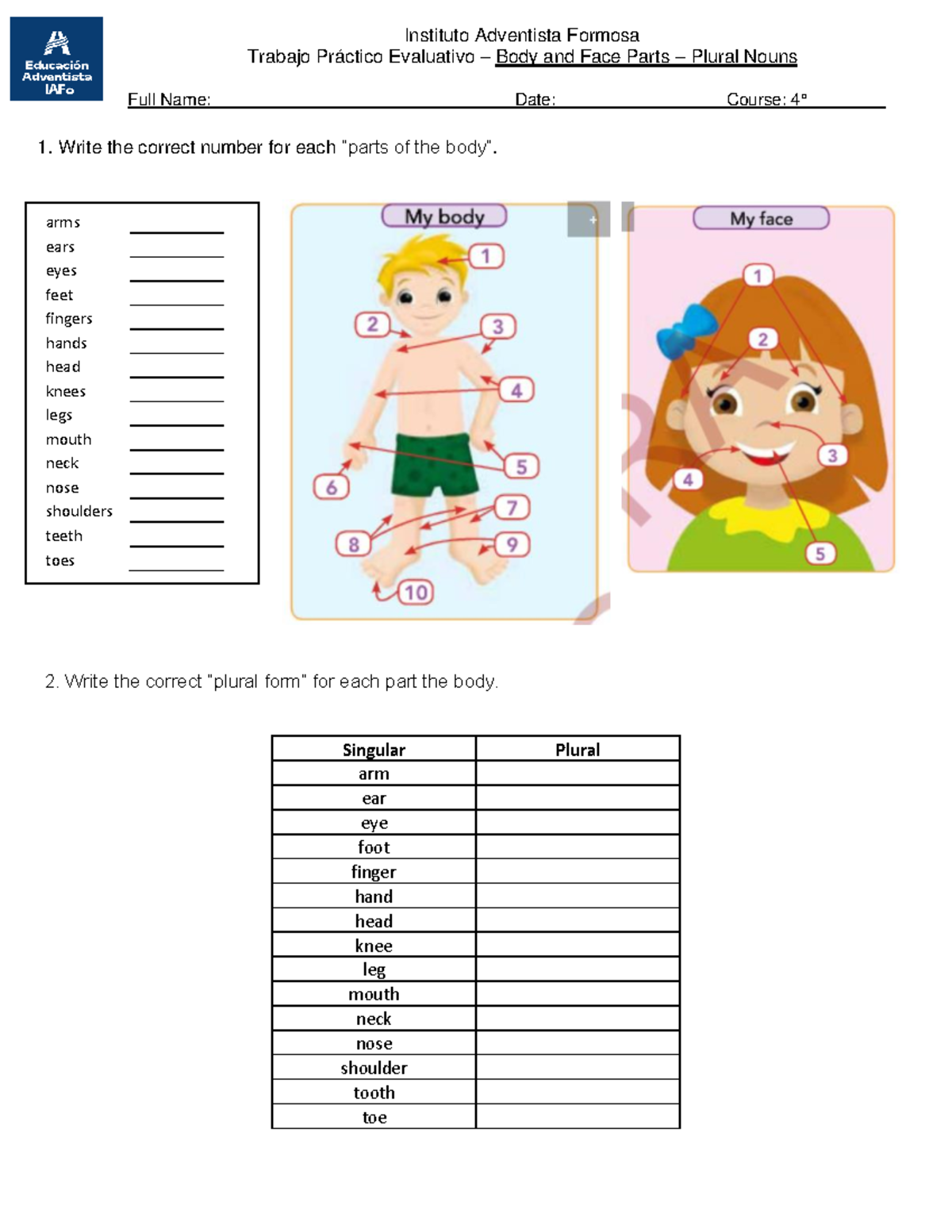Quiz-4° grado-parts of the body - Singular Plural arm ear eye foot ...