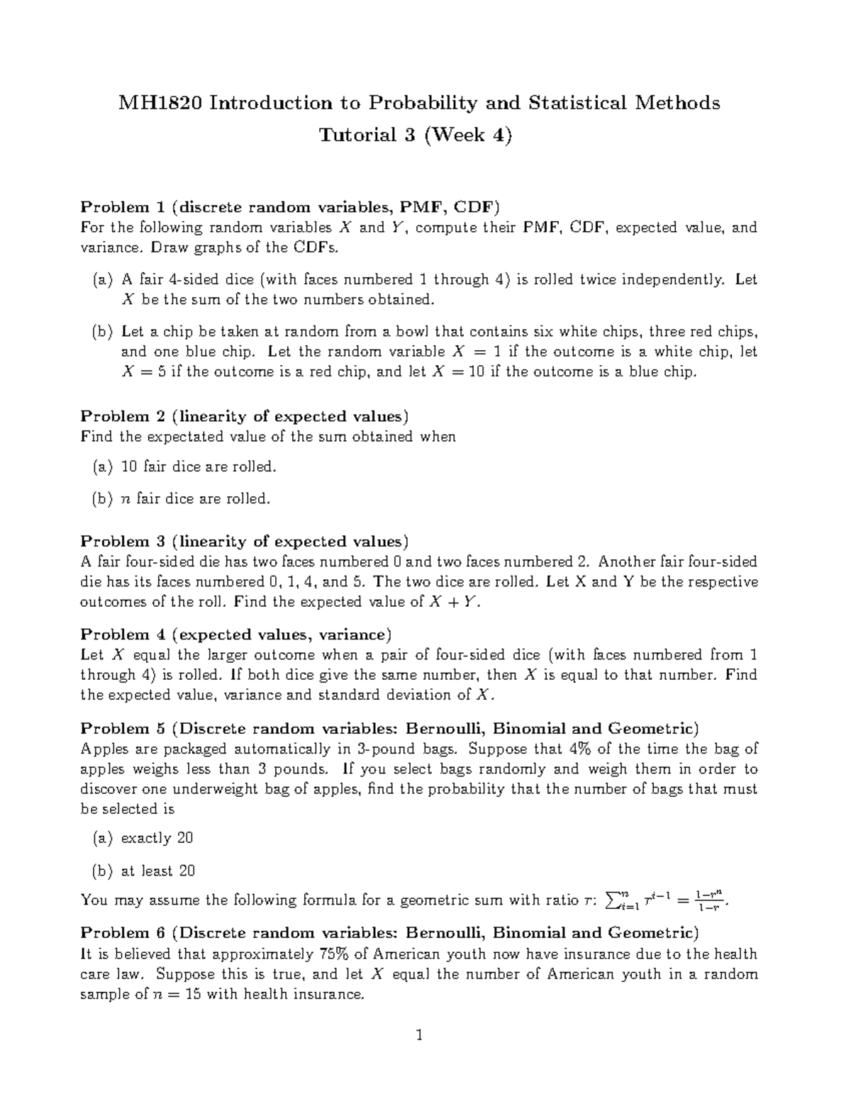 Tutorial 03 - MH1820 Introduction to Probability and Statistical Methods Tutorial 3 (Week 4 ...