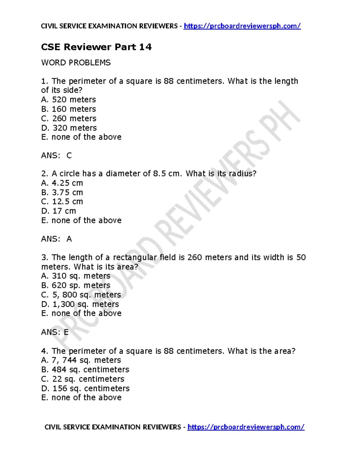 CSE Reviewer Part 14 - english - CSE Reviewer Part 14 WORD PROBLEMS The perimeter of a square is ...