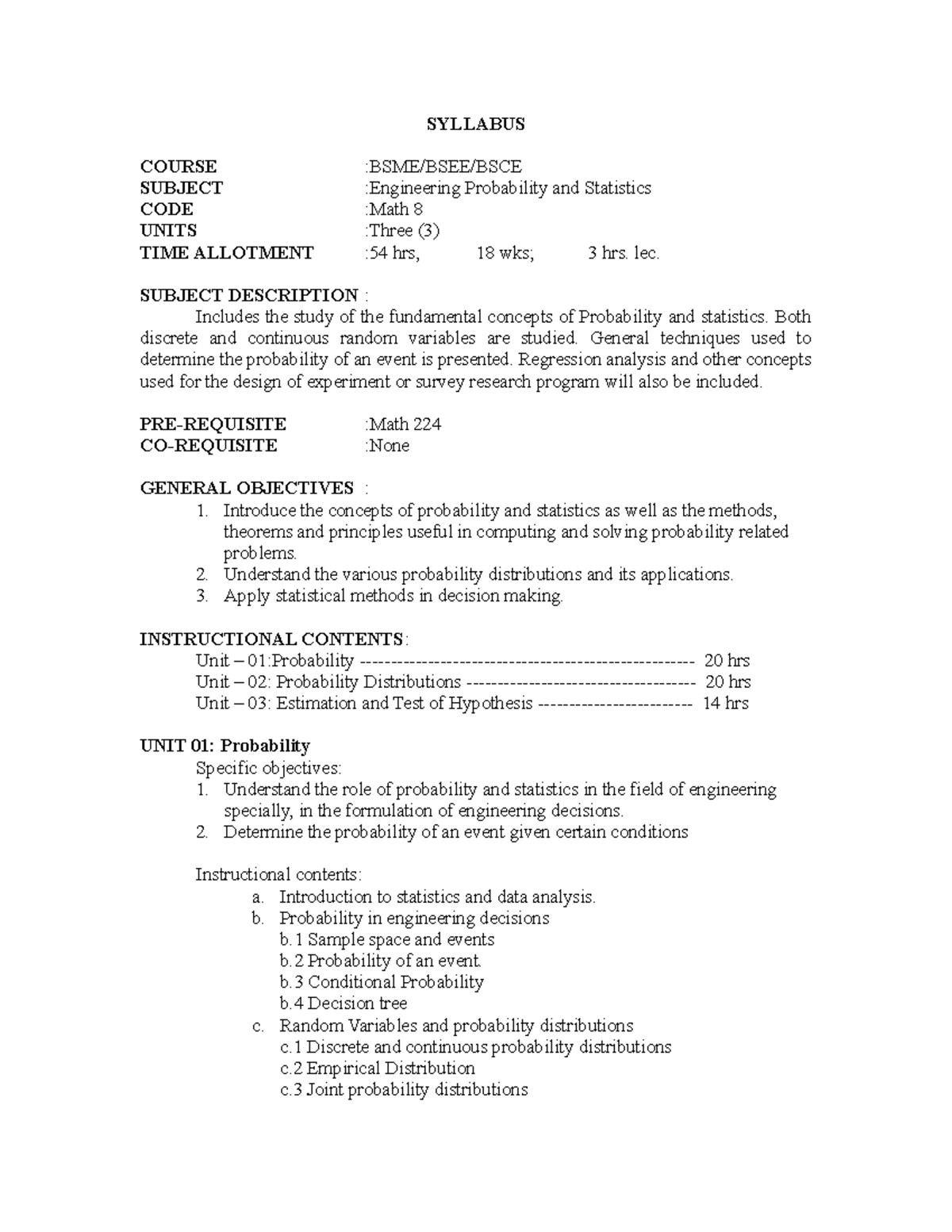 Syllabus probaandstatengg - SYLLABUS COURSE :BSME/BSEE/BSCE SUBJECT ...