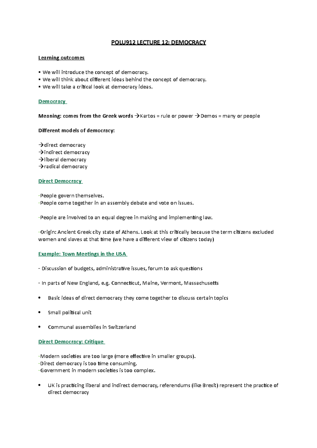 POLU912 Lecture 12 - Democracy - POLU912 LECTURE 12: DEMOCRACY Learning ...