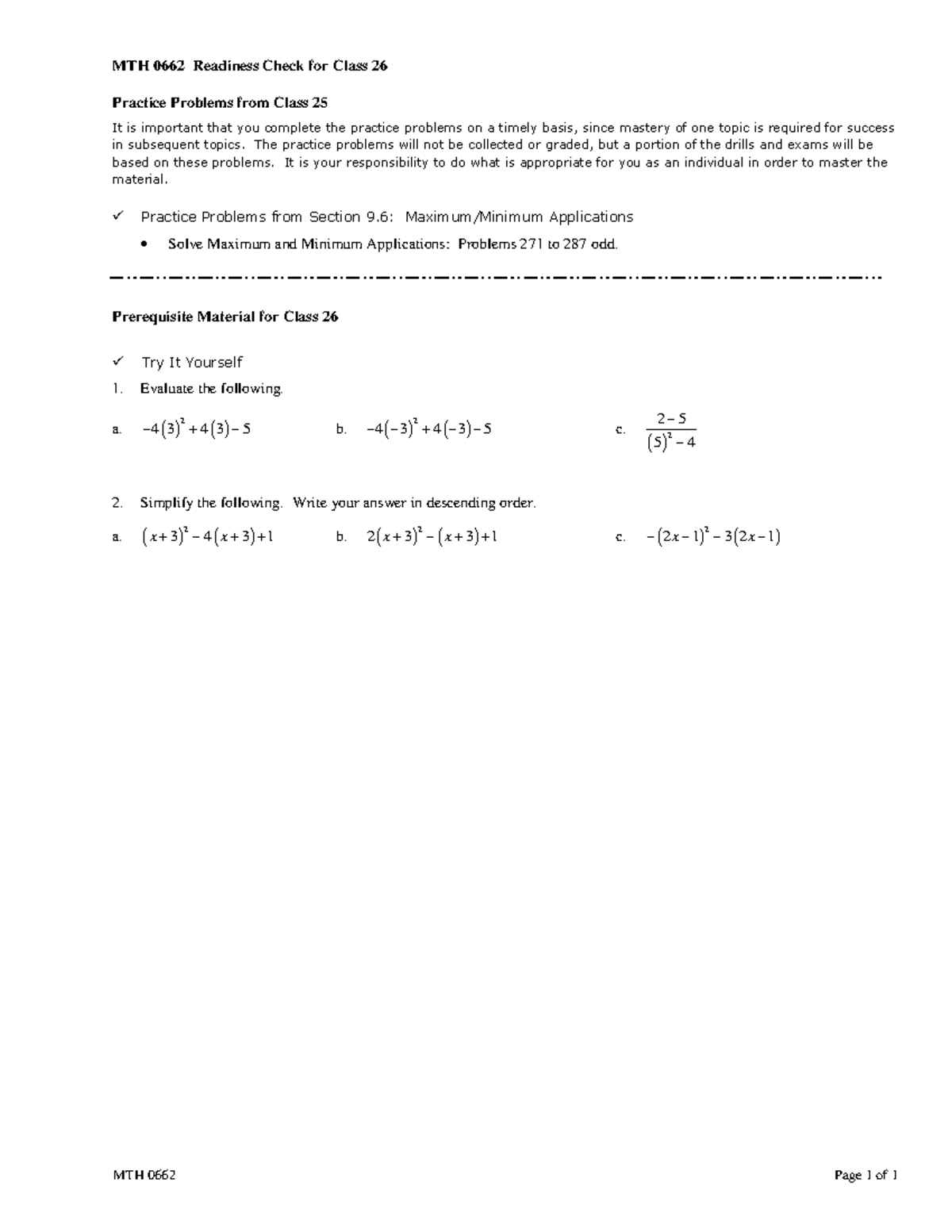 0662 Readiness Check for Class 26 - MTH 0662 Page 1 of 1 MTH 0662 ...