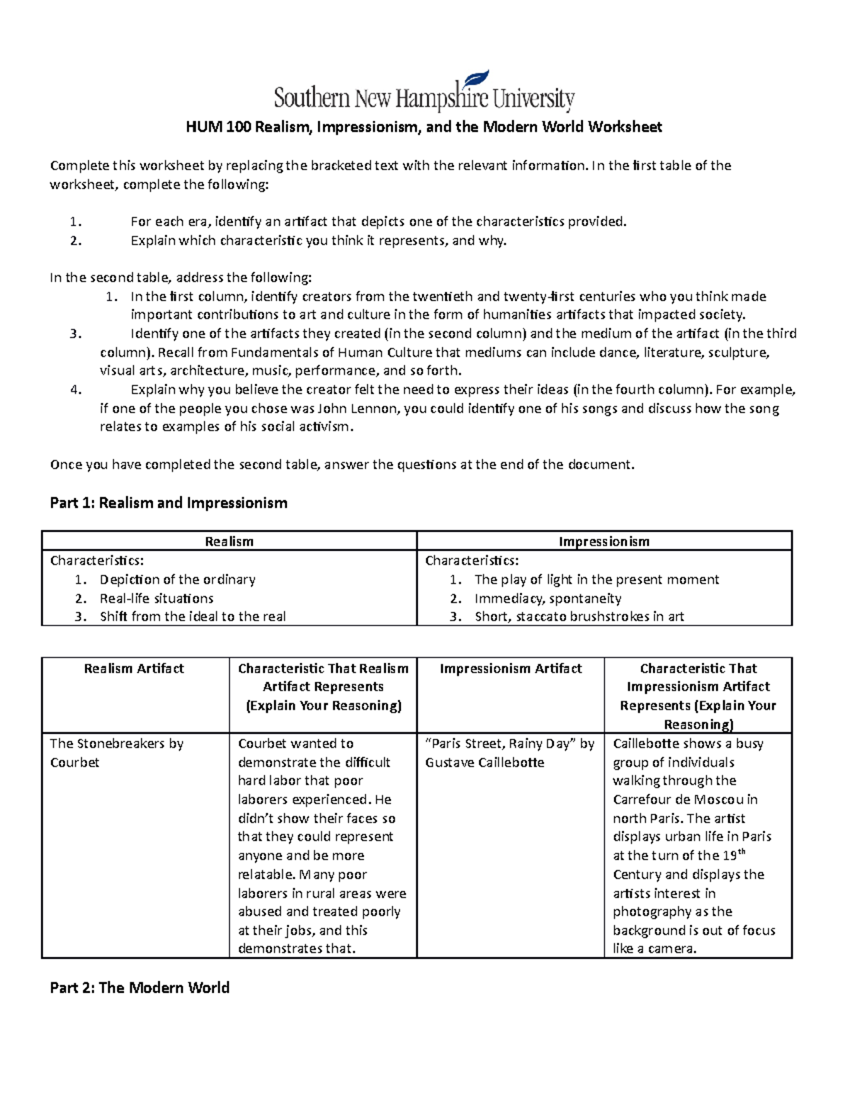HUM 100 Realism Impressionism and the Modern World Worksheet - HUM 100 ...