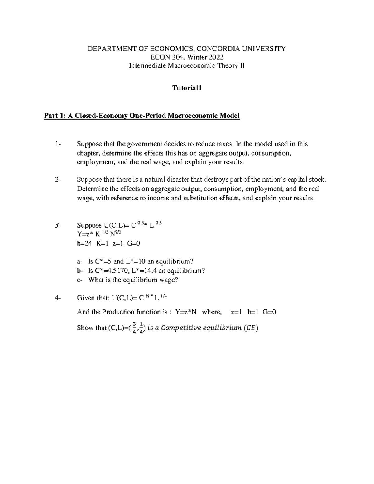 Tutorial 1 - Lecture notes 1 - DEPARTMENT OF ECONOMICS, CONCORDIA ...