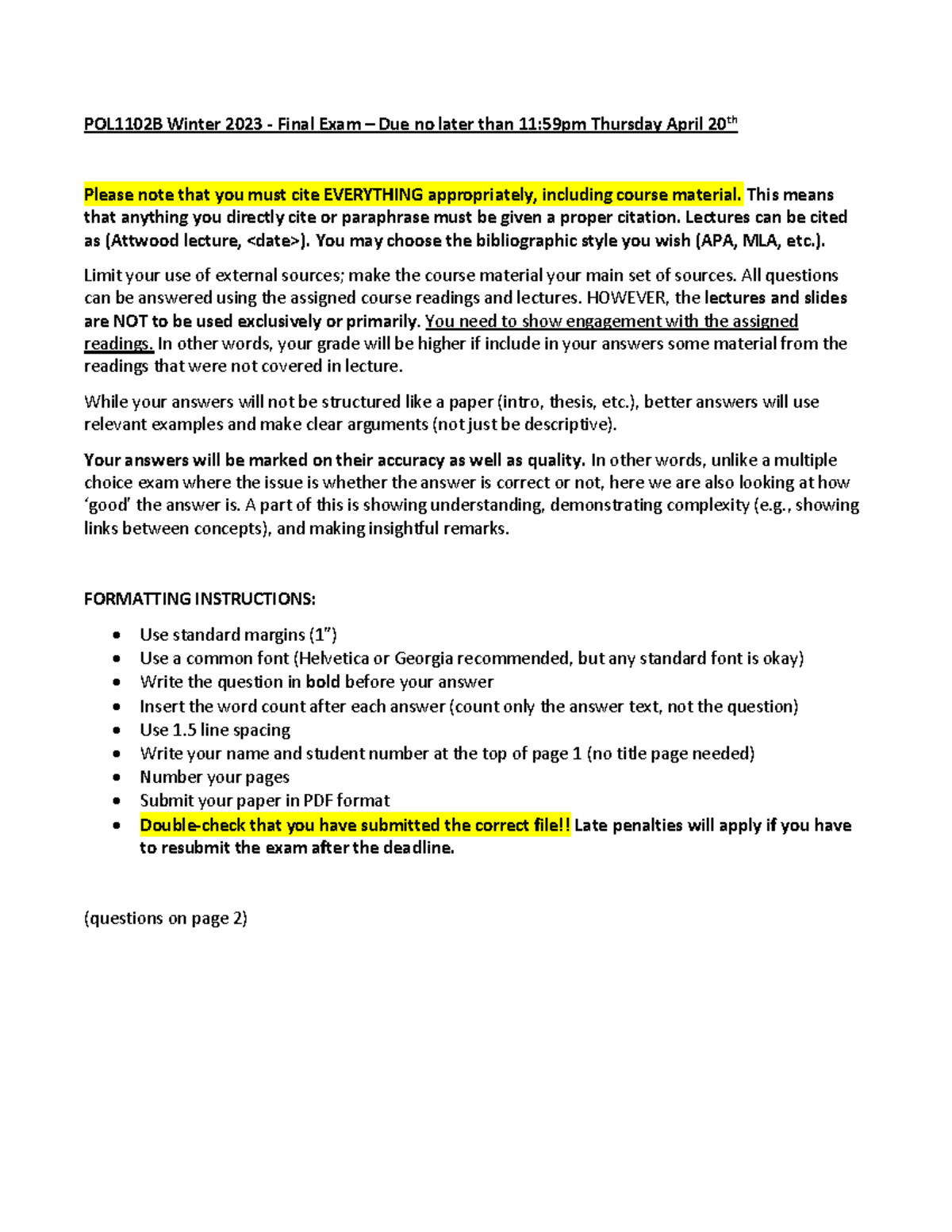 POL1102 B W23 Final Exam Guidelines (updated version) - POL1102B Winter ...