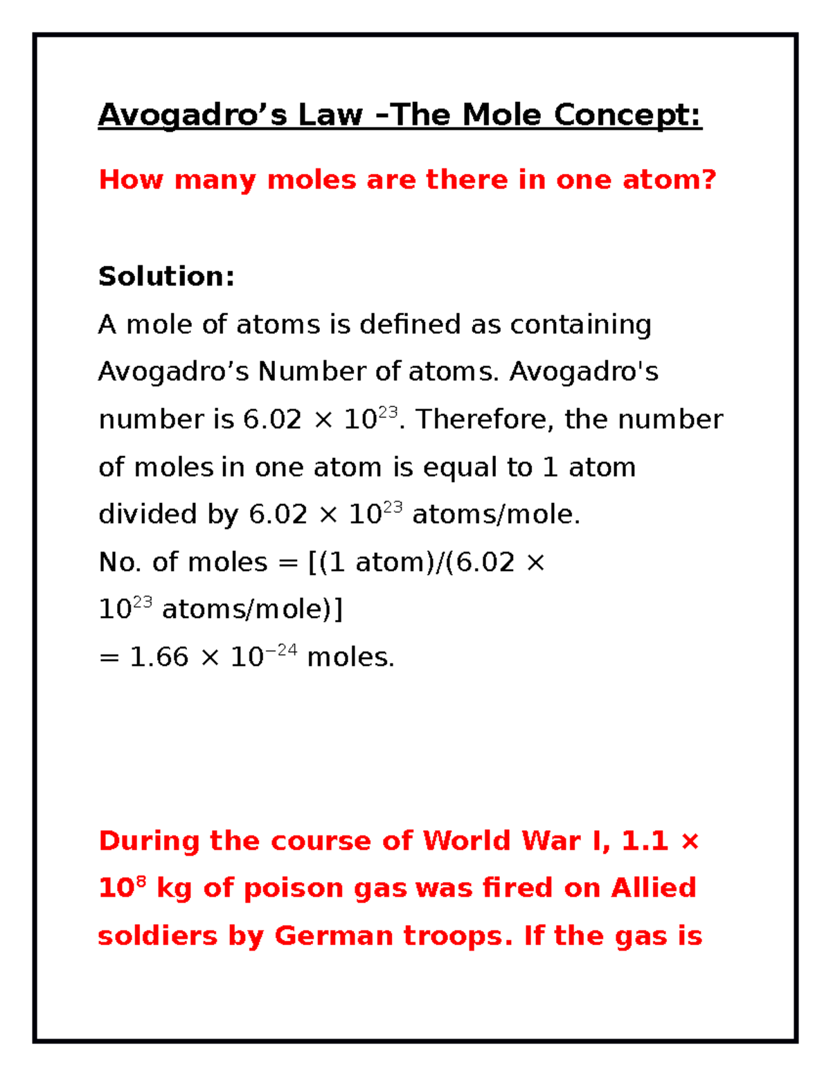Assignment of the Mole Concept - Avogadro’s Law –The Mole Concept: How many moles are there in ...