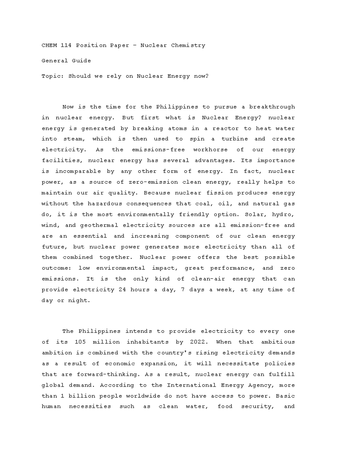 CHEM 114 - Position Paper Chem Lec - CHEM 114 Position Paper – Nuclear ...
