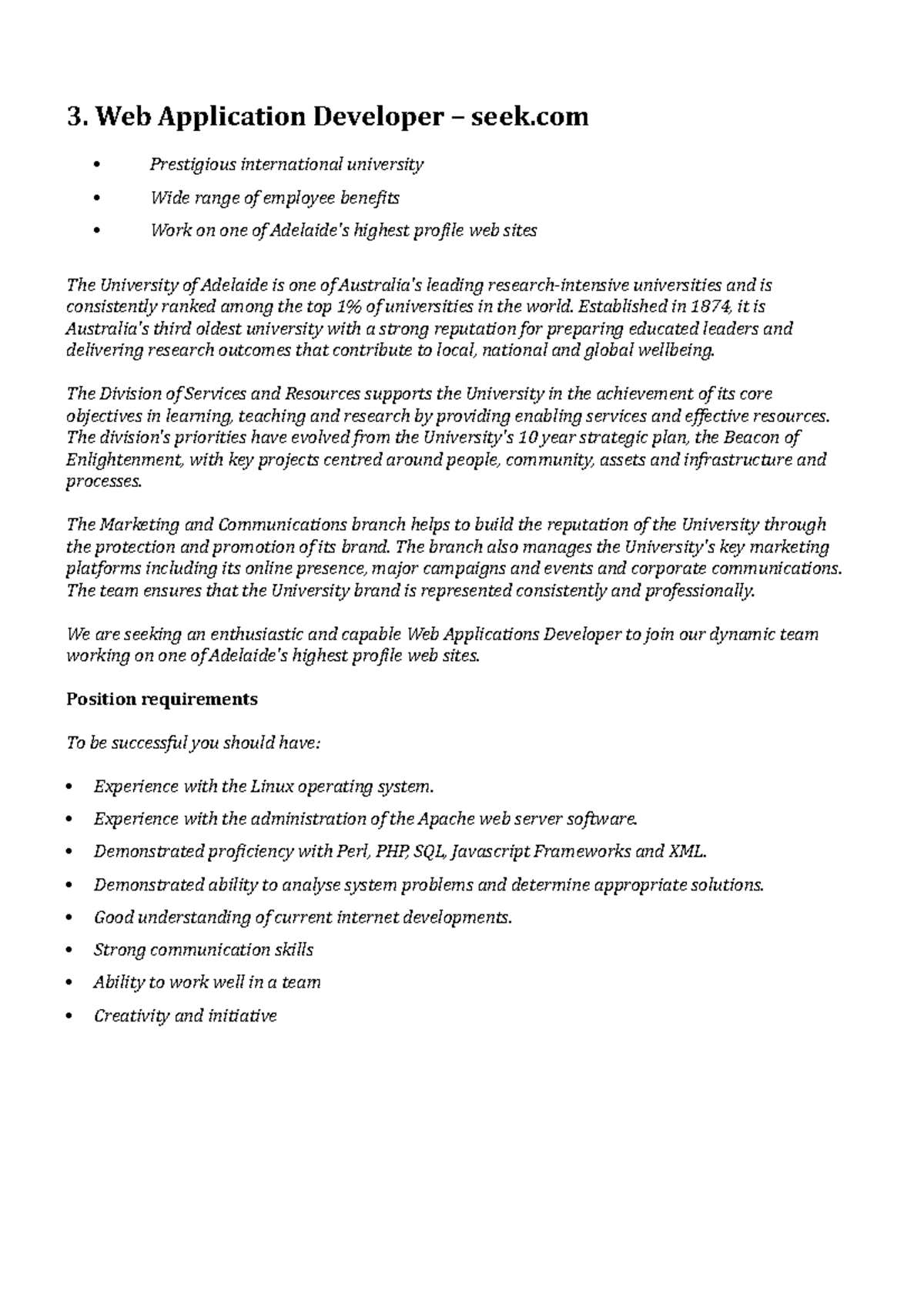 3 Web Application Developer University of Adelaide - 3. Web Application Developer – seek - Studocu