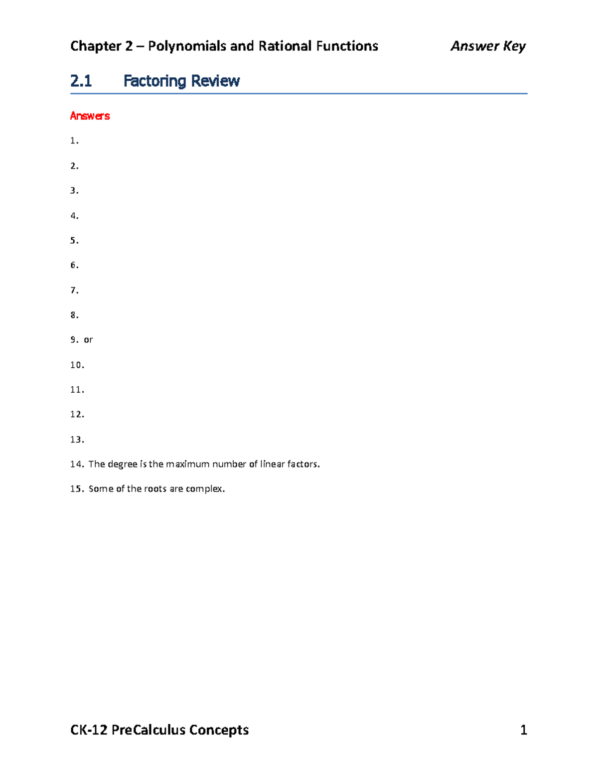 Answer Key CK-12 Chapter 02 Pre Calculus Concepts - 2 Factoring Review ...
