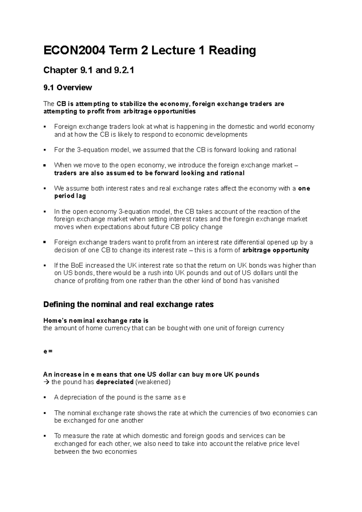 ECON2004 Term 2 Lecture 1 Reading - ECON2004 Term 2 Lecture 1 Reading Chapter 9 and 9. 9 ...