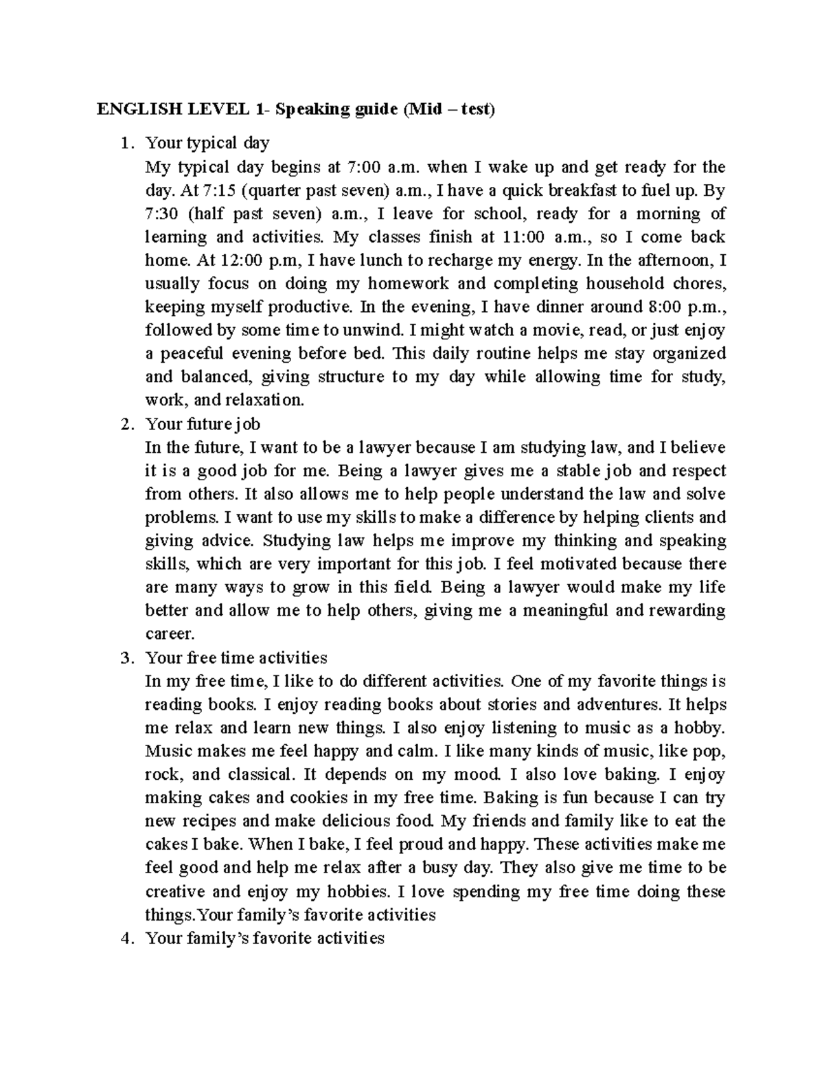 English Level 1 - Đề cương nói - ENGLISH LEVEL 1- Speaking guide (Mid ...