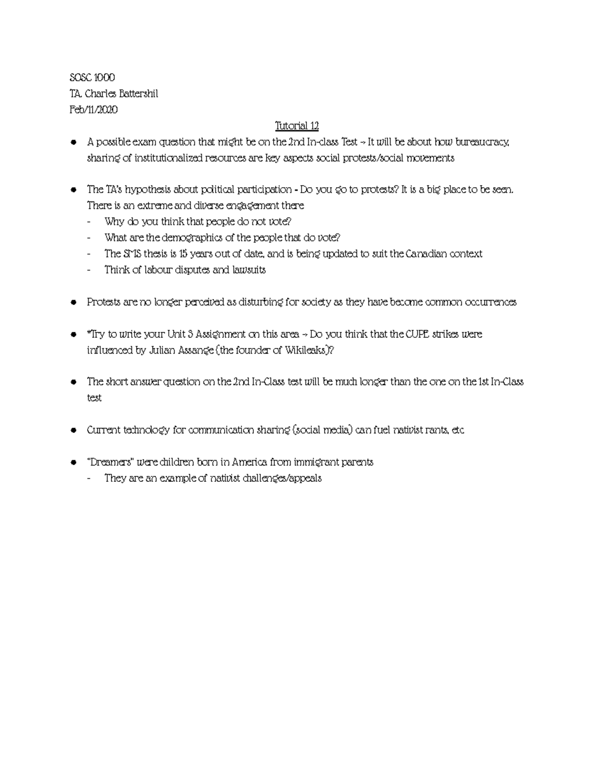 SOSC 1000 tutorial 12 - Winter 2020 Professor Tanja Juric - SOSC 1000 TA. Charles Battershil Feb ...