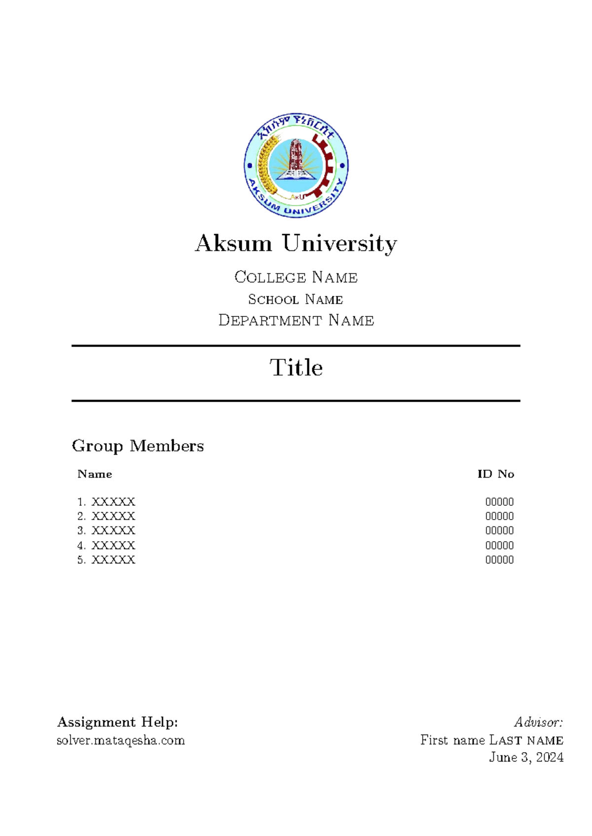 AXU cover template - Compiler Design - Aksum University College Name ...